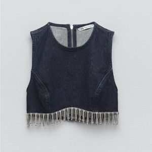 Zara | Tops | Zara Denim Crop Top With Jewel Tassel | Poshmark